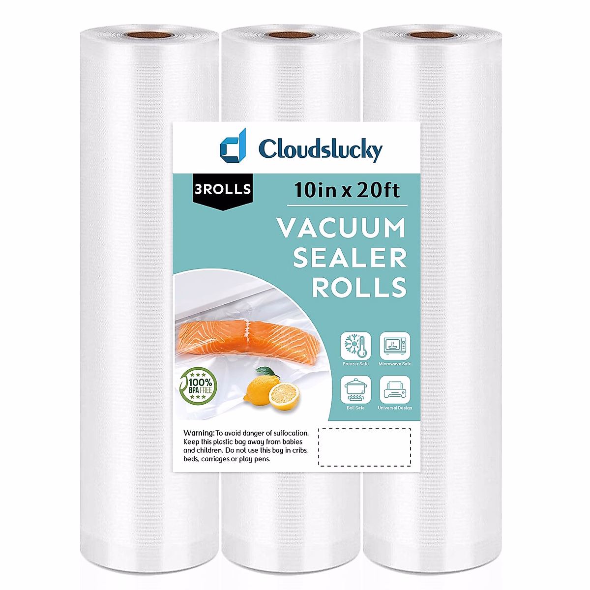 Cloudslucky Vacuum Sealer Food Saver Rolls Bag 10"X20'3Pack, BPA-Free Thick Seal Meal Bags Roll, Commercial Customize Size, Sous Vide Cooking Vacuum Seal Rolls, Meat Cheese Dry Goods
