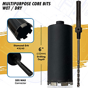 4-1/4" Dry/Wet Multipurpose Core Bit for Masonry, Concrete, and Natural Stone, 6" Drilling Depth, SDS Max Pilot Bit Adapter with 5/8"-11 Arbor