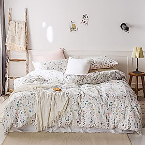 VM VOUGEMARKET Colorful Duvet Cover Set Full Queen,100% Cotton Floral Plant Bright Fresh Designed White Bedding Set,Ultra Soft and Easy Care,Breathable for Girls Women-Full/Queen,Floral