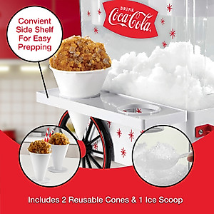 Nostalgia Coca-Cola Snow Cone Shaved Ice Machine - Coke Retro Table-Top Slushie Machine Makes 20 Icy Treats - Includes 2 Reusable Plastic Cups & Ice Scoop - White & Red