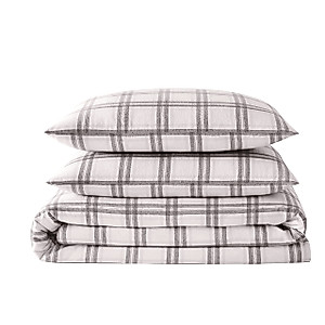 LONDON FOG - Twin XL 2 Piece Duvet + Sham Set - Plaid Flannel Collection - Grey