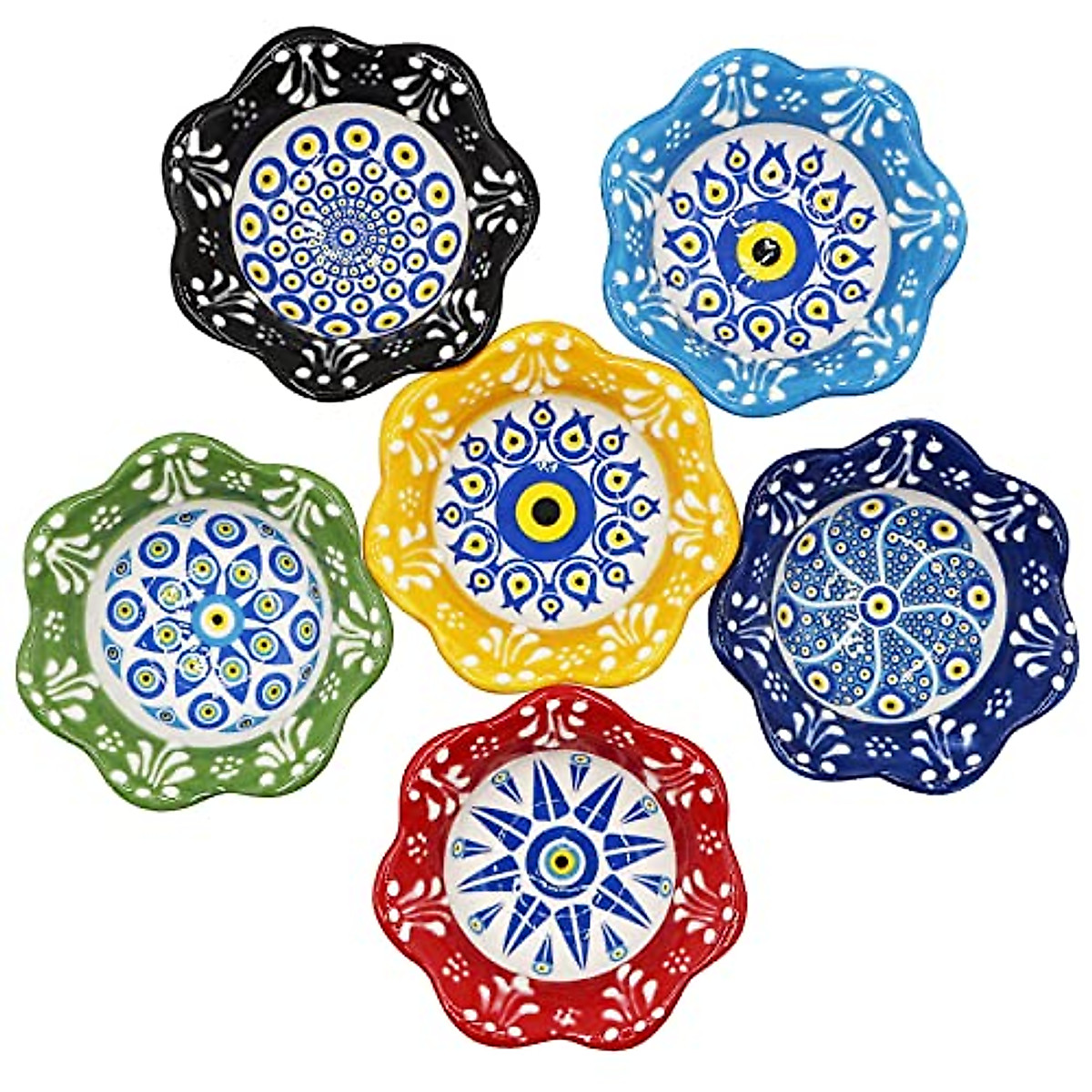 HeraCraft 6pcs Daisy Shaped Evil Eye Hand-Painted Ceramic Snack Bowls 3.74''/9.5cm-77ml/2.7 oz Decorative Nazar Design Multi-Purpose Cute Set - Pinch Sauce Dipping Finger Small Serving Bowls