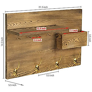 MyGift Wall Mounted Solid Burnt Wood Entryway Key and Mail Holder Organizer Storage Rack with Display Shelf and 8 Hooks