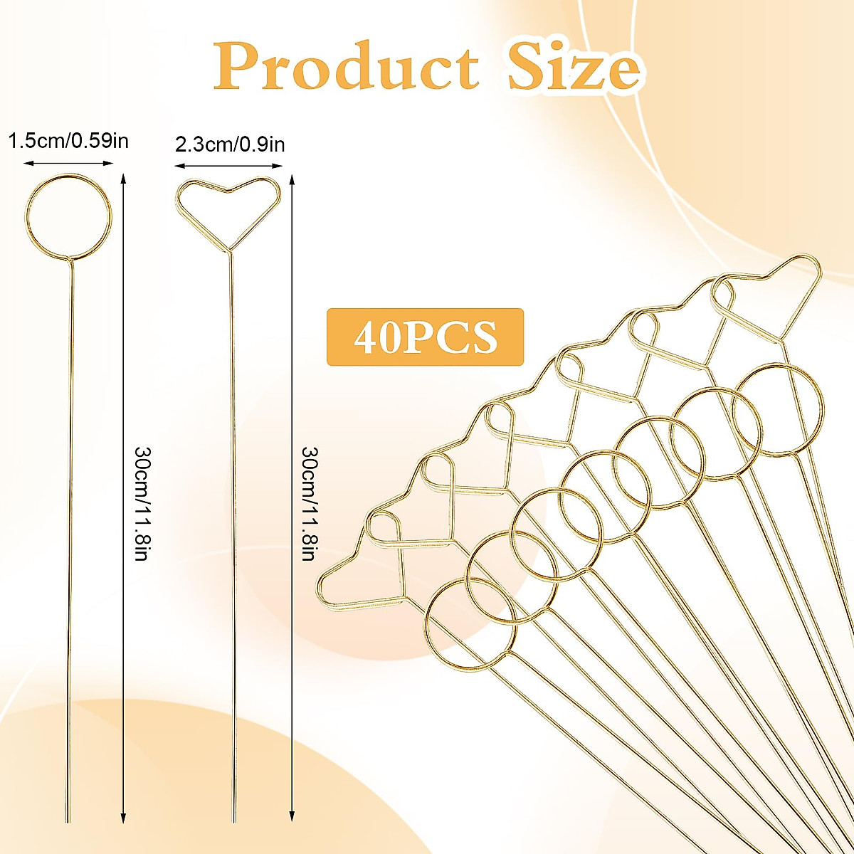 Andibro Metal Floral Place Card Holder, 40 Pcs 11.8 Inch Golden Round Heart Shape Flower Picks Clips Picture Holders Photo Clip for Flower Arrangement Bouquet Wedding Decor