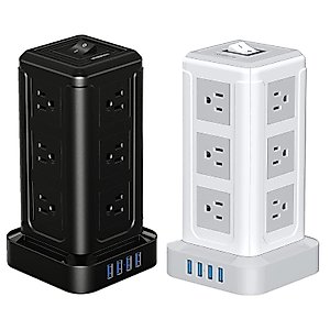 USB C Power Strip Tower Surge Protector Electric Charging Station with USB-C, 12 AC Outlets, 4 USB Ports, One Type C Port, 10ft Extension Lead for Office, Home, Cafe, Shop, Restaurant