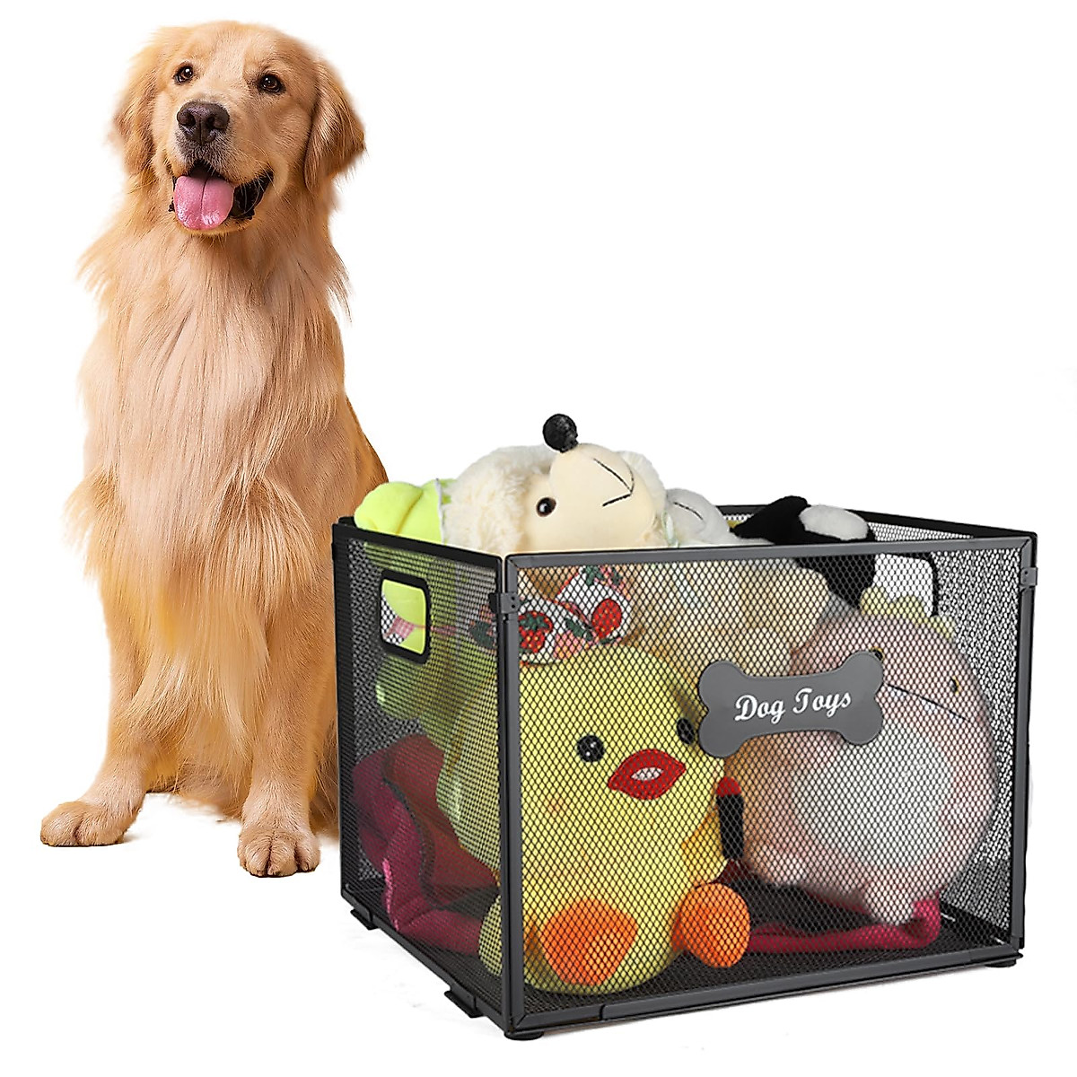 Lolytama Metal Dog Toy Box-Dog Toy Basket-Wire Mesh Basket-Cute Pawprint Dog Bone-Pet Accessory Rust-Resistant Finish-for Cat & Dog Toy Organization & Storage