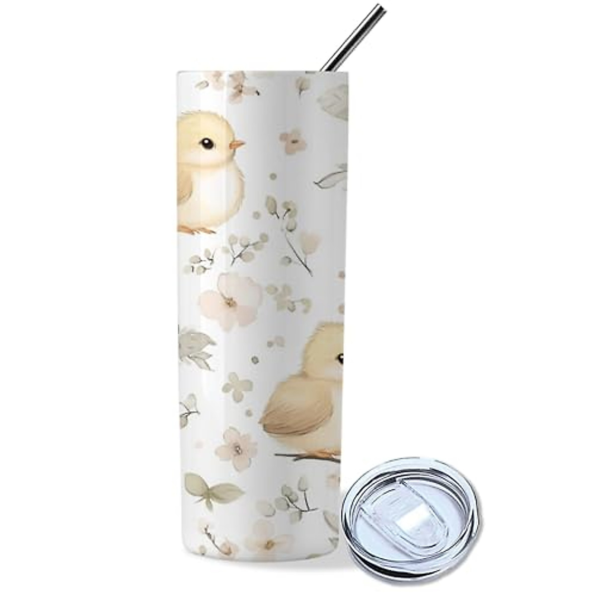 Tumbler with Lid and Straw Cartoon Bird and Flowers thermos coffee travel mugcute cups 20 oz insulated tumbler for Daily Holiday Decor Gift coffee cup