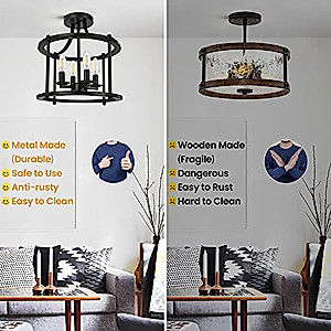 Farmhouse Semi Flush Mount Ceiling Light Fixture, 4-Light Industrial Ceiling Light Matte Black w/ E12 Base Metal Rustic Vintage Chandelier Lighting for Kitchen Dining Room Hallway Entryway Bedroom