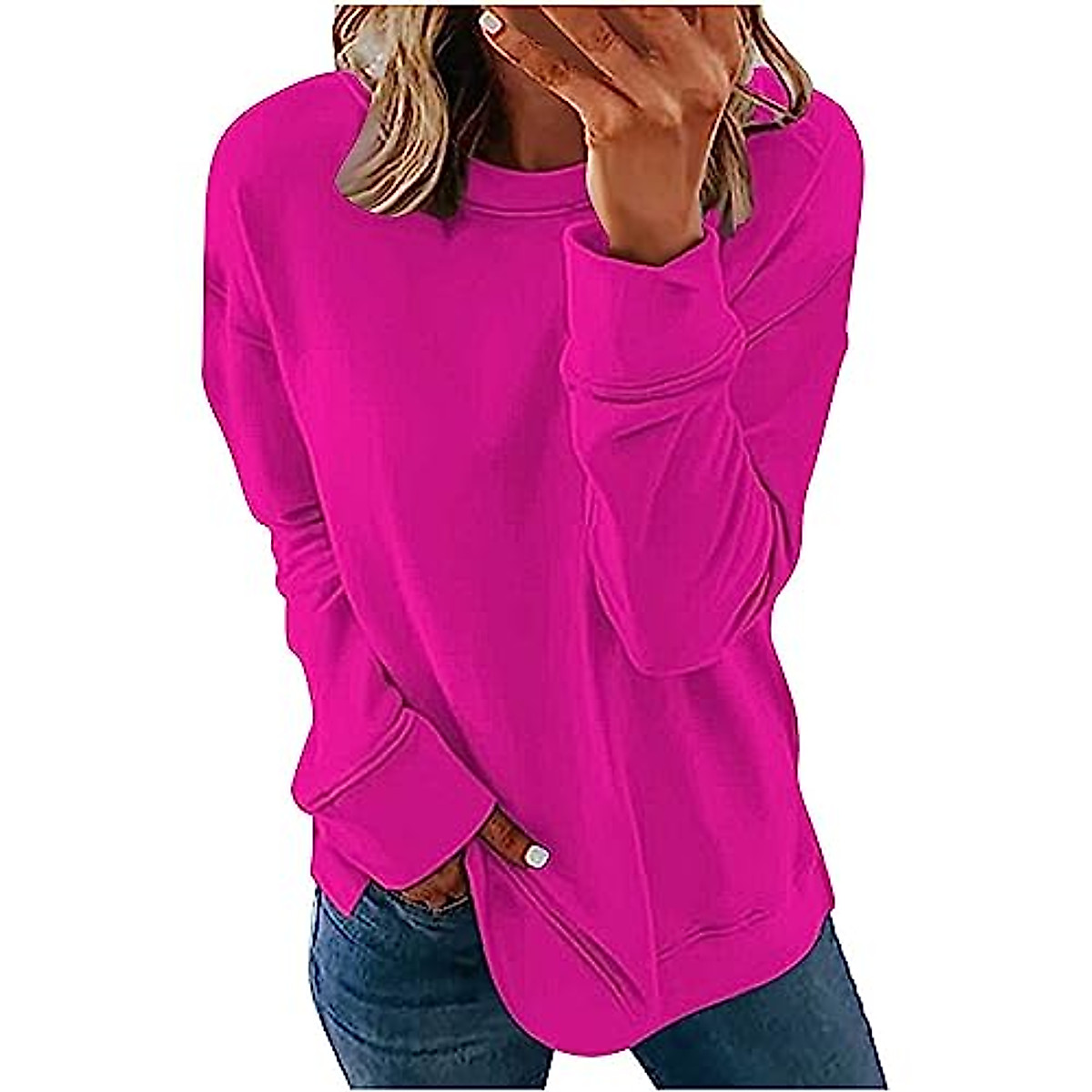 Amazone Shopping Oversized Tunic Pullovers for Women Solid Drop Sleeve Long Sweatshirts Plus Size Blouse Tops Ladies Fall Clothes Hot Pink