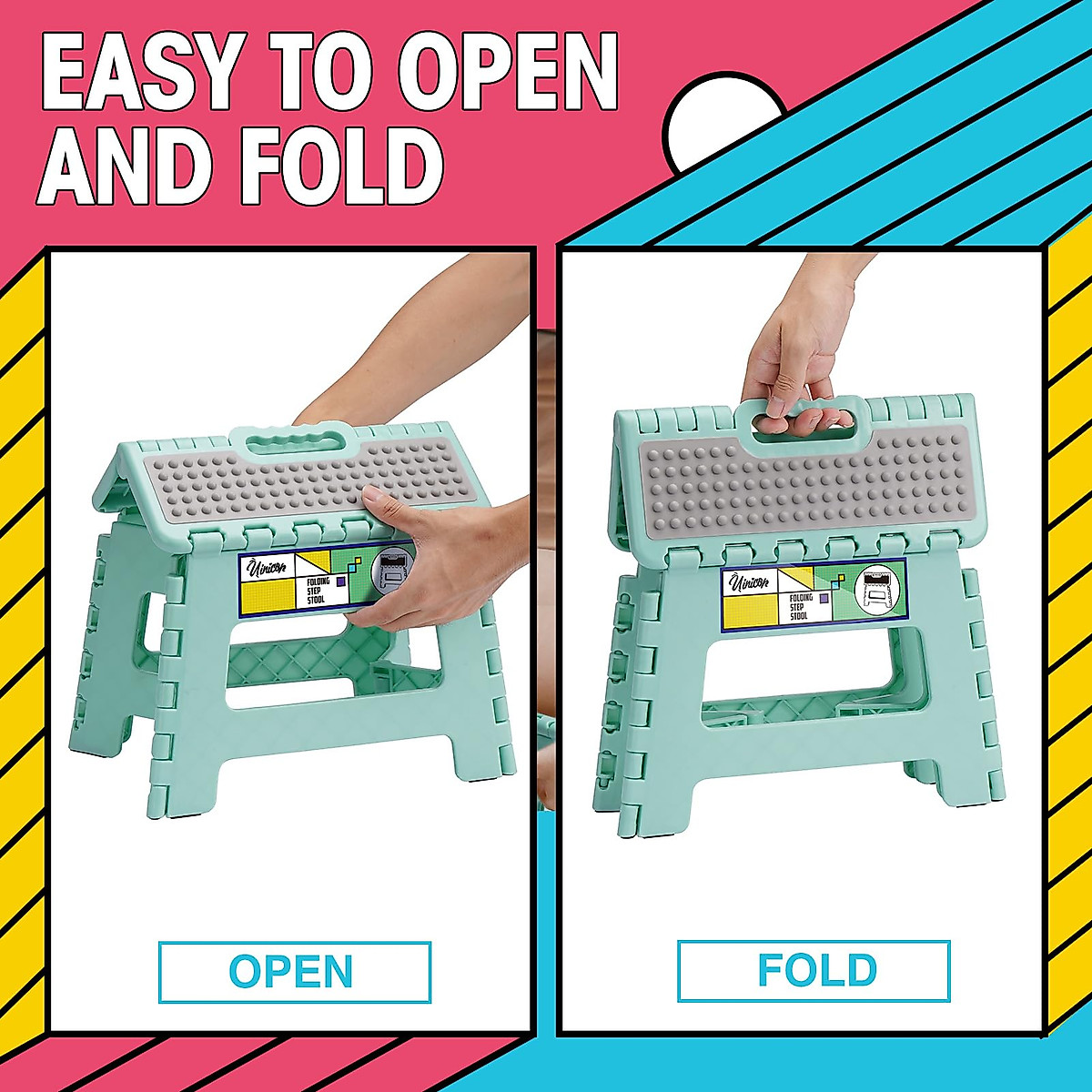 Uinicor 9" Folding Step Stool for Adults and Kids Holds Up to 300 lbs,Non-Slip Folding Stools with Handle, Compact Plastic Foldable Step Stool for Bathroom,Bedroom, Kitchen,Teal 1pc