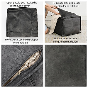 C COMFORTLAND Square Ottoman Pouf (No Filler), Faux Leather Poofs, Ottomans Foot Rest, Floor Foot Stools, Unstuffed Bean Bag Poufs Cover with Storage for Living Room, Bedroom Dark Grey