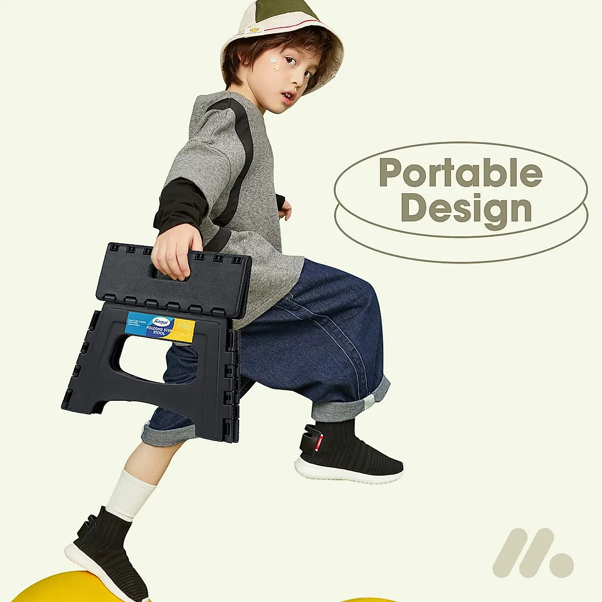 Korpai Upgrade 9" Folding Step Stool for Adults and Kids Holds Up to 300 lbs,Non-Slip Folding Stools with Portable Handle, Compact Plastic Foldable Step Stool for Bathroom, Kitchen,Black,1 PC