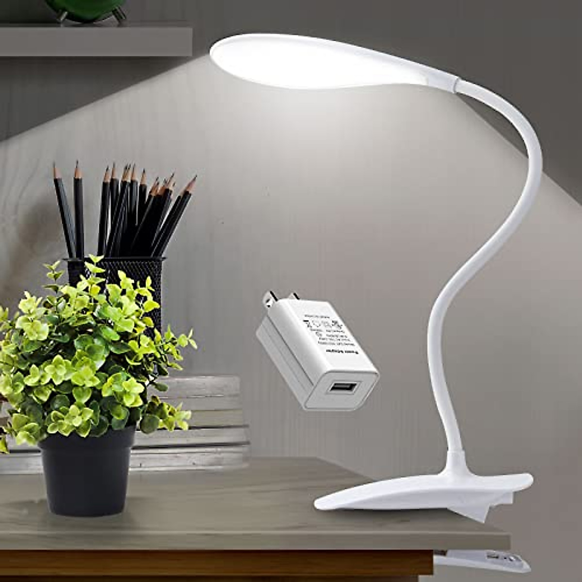 DWEPTU LED Desk Lamp Eye-Caring Clamp Light Clamp Lamps Reading Lights with USB Port, 360°Flexible Gooseneck Bed Night Light (Include AC Power Plug)