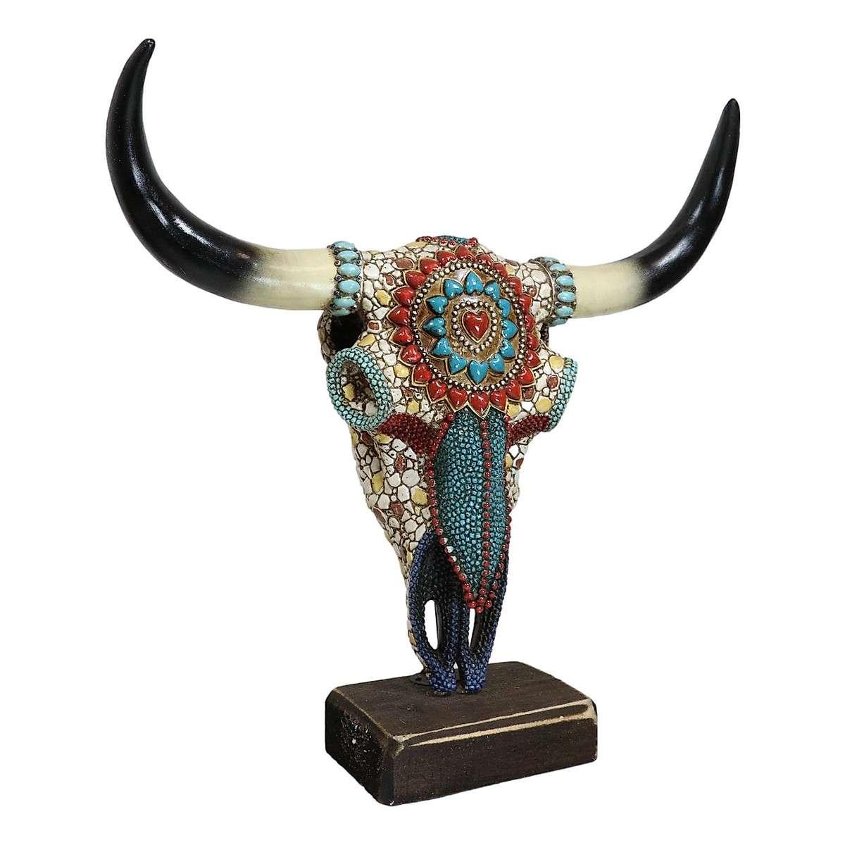 Ebros Gift 17" High Large Western Steer Bison Buffalo Bull Cow Skull Head with Mosaic Turquoise Red Yellow Blue Stones and Beads Ornate Floral Design Desktop Sculpture Native Indian Sacred Skulls