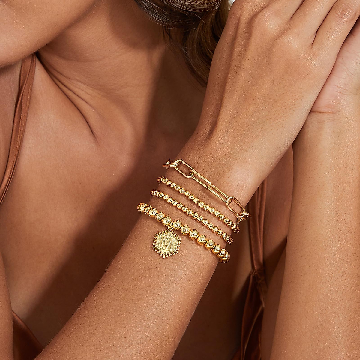 doubgood Gold Beaded Bracelets for Women, Stackable Gold Bracelets for Women 14K Real Gold Plated Stretch Bead Ball Bracelet with Letter Pendant A