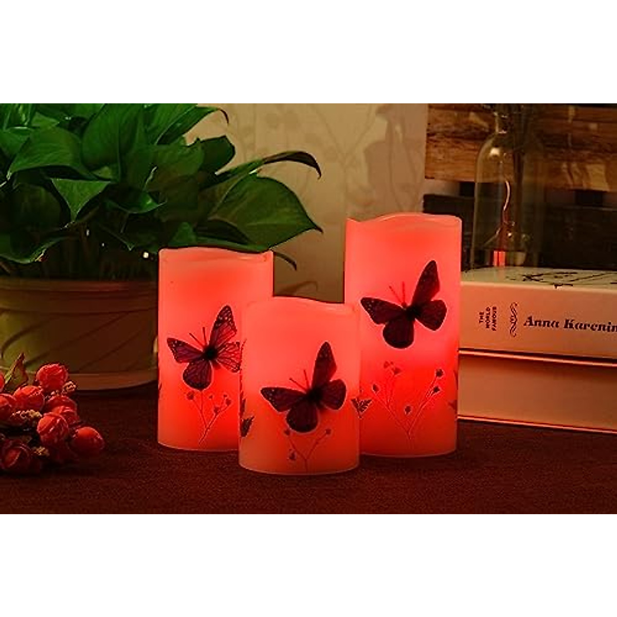 UNIVELA Candles Set of 3 Flameless 4" 5" 6" Unscented Tealight Butterfly Flower Plants Decor Real Wax Pillar Candle LED Lights 12 Color Changing 4H 8H Timer Remote Control AAA Batteries Operated