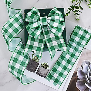 TONIFUL Green and White Wired Burlap Ribbon, 2.5 inch x 6yd, Green Plaid Check Ribbons for St Patrick's Day Decor，Spring Summer Wreath Making, Bows Crafts Gift Wrapping