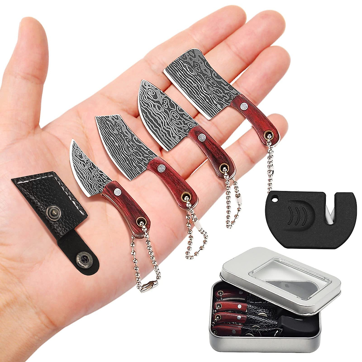 JAEZZIY Mini Knife Set, Damascus Pocket Knife Set with Sharpener, Mini Chef Knife EDC Knives Set, Tiny knife Cleaver Keychain Tiny Things for Package Opener, Box Cutter, Letter Opener - Set of 5