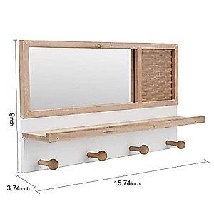 Hanna Roberts Decorative Boho Chic Wall Mount Shelf with Mirror and 4 Hooks for Entryway, Kitchen, Mudroom, Bathroom