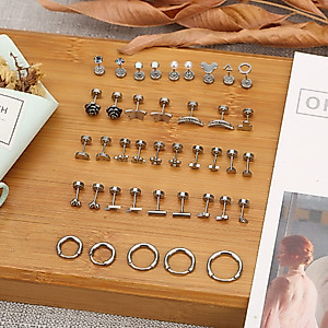 Staligue 21 Pairs Stainless Steel Earrings Set for Women Men Hypoallergenic 20G Flat Back Studs Earrings and Hoop Earrings Set Star Moon flower Snake Leaf Cartilage Piercing Earrings Jewelry Gifts