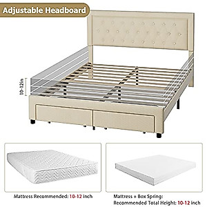 Queen Bed Frame with 2 Storage Drawers, Fabric Upholstered Platform Bed Frame with Deep-set Pattern Button Tufted Headboard, Sturdy Wood Slats Support Mattress Foundation, No Box Spring Needed, Beige