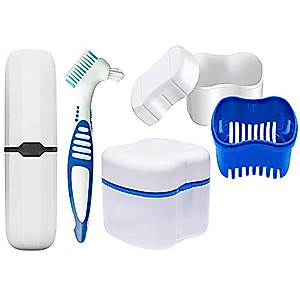 Denture Bath Cases with Denture Cleaner Brushes Denture Cups Denture Boxes Bath Dentures Container with Basket Denture Holder Denture Brush Retainer Case for Travel Retainer Cleaning (Blue)