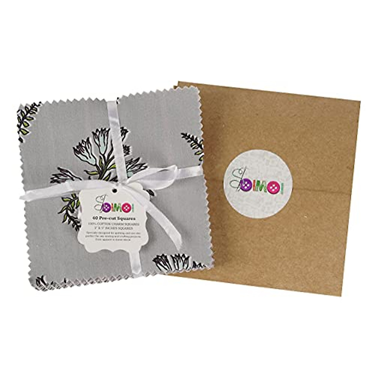 Soimoi Florals Print Precut 5-inch Cotton Fabric Quilting Squares Charm Pack DIY Patchwork Sewing Craft- Light Gray