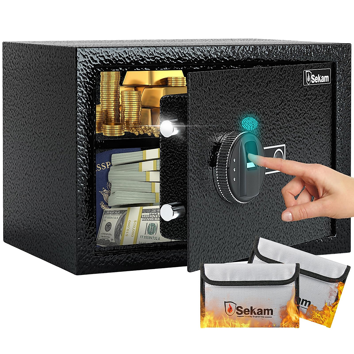 SEKAM Biometric Fingerprint Safe Box, Security Safe with Fingerprint Access, Personal Safe with Electronic Lock, Safe Box Waterproof Fireproof, Home Safe for Cash Jewelry Important Documents Guns