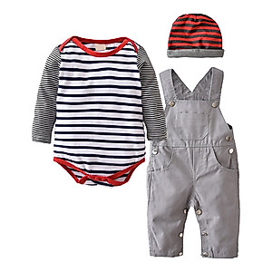 3Pcs Baby Boys Long Sleeve Stripe Romper Overalls Clothing Set with Hat (9-12 Months) Grey