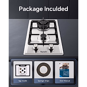 Ranein 2-Burner Gas Cooktop, 12-Inch Gas Stove Top Compatible with Thermocouple Protection, Built-in Gas Stove, 304 Stainless Steel Panel, Compatible with NG&LPG for Apartment and Indoor