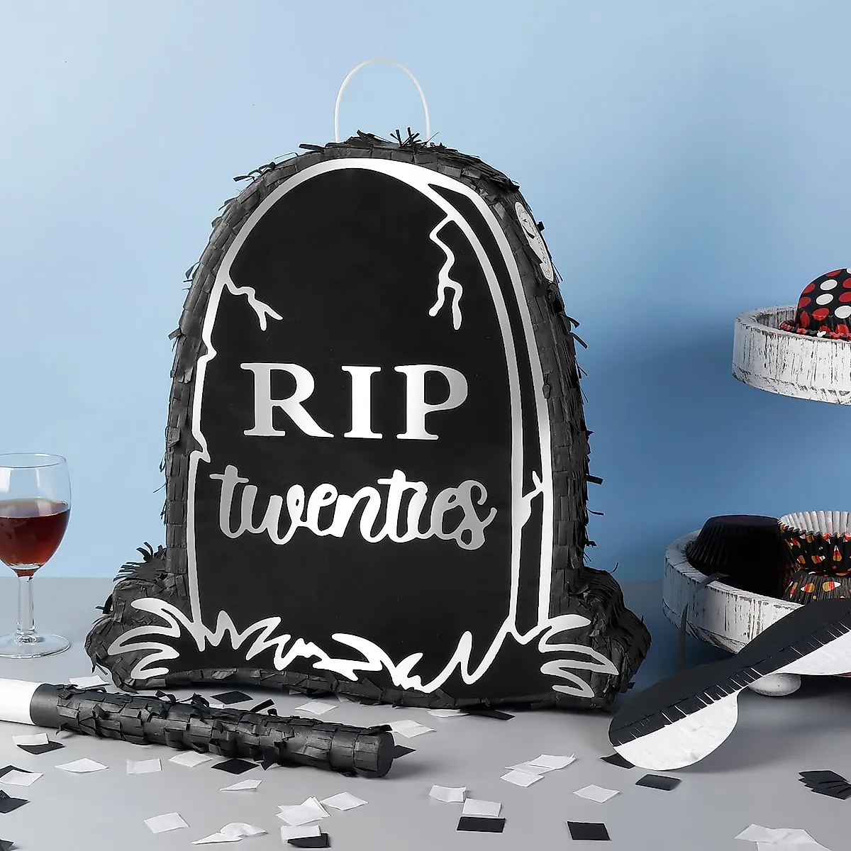 Quera Rip Twenties Pinata Funny 14 x 14.4 x 3 Inch Funeral Pinata with Stick Blindfold and Confetti Paper Fits Candy Favors for Adult 30th Birthday Anniversary Party Supplies Decoration Prop