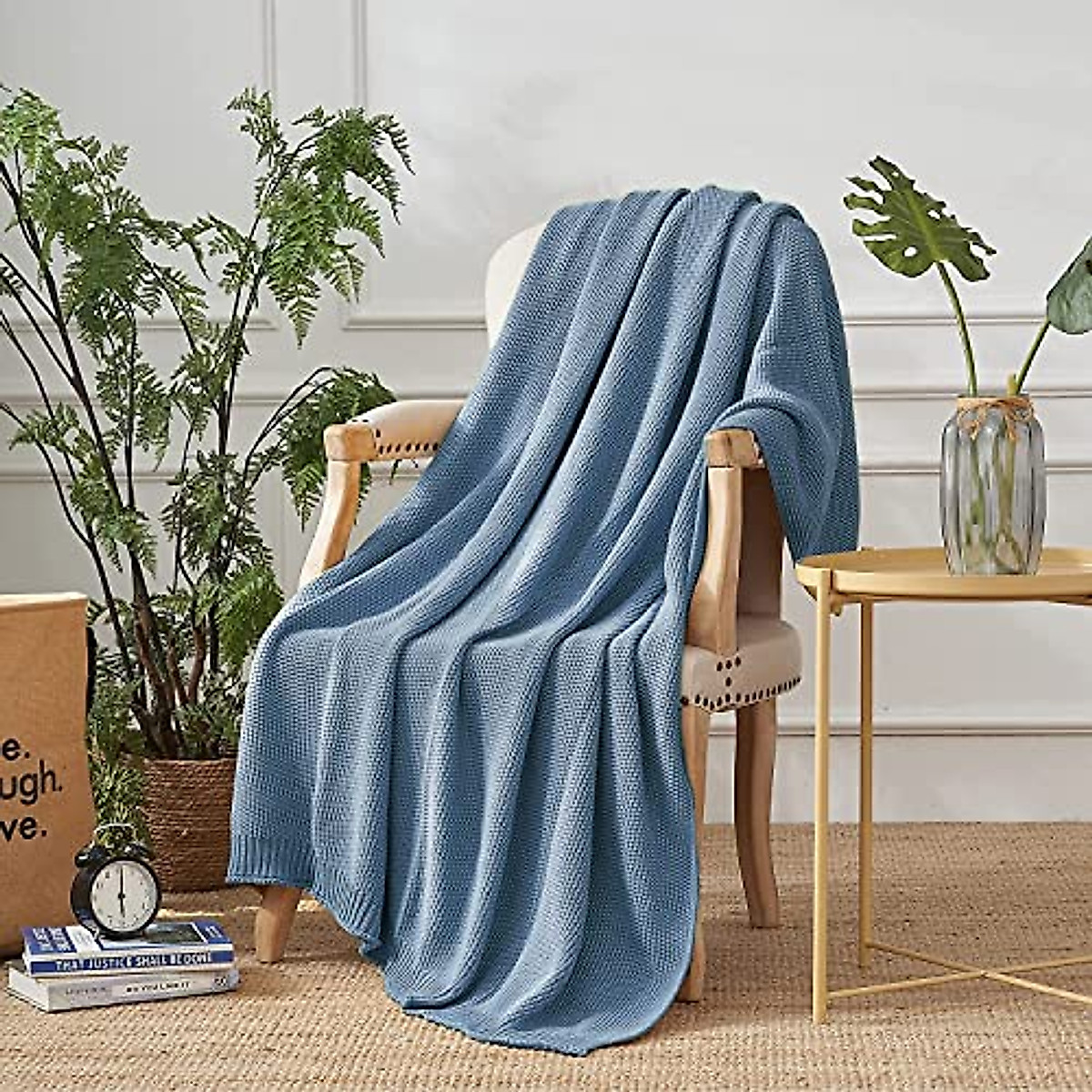 Queenshin 100% Cotton Cozy Cable Knit Throw, Lightweight Fluffy Snuggle Bed Sofa Decorative Knitted Blanket 50 * 60 Inch, Blue