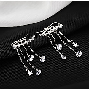 Reffeer Solid 925 Sterling Silver Crawler Earrings Tassel Chain Dangle for Women 7 Crystal Cuff Earrings Chain Wraps Climber