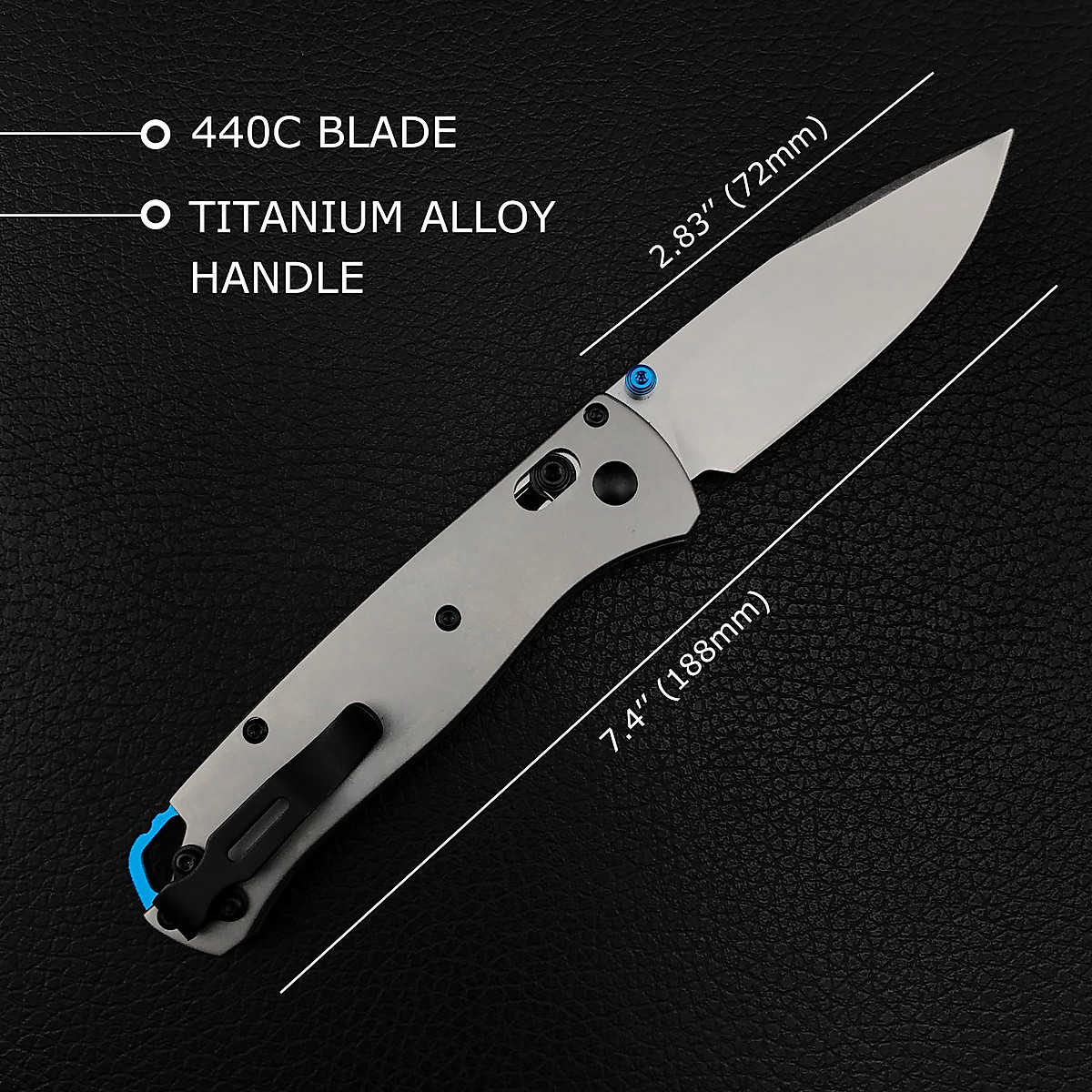 7.4 Inch Manual Open Bugout 535 Folding Knife, Axis Lock Knife with 2.8 Inch 440C Blade Titanium Alloy Handle, EDC Pocket Knife with Belt Clip for Camping Hunting (440C blade)