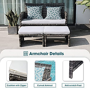 OC Orange-Casual Outdoor Loveseat Patio Furniture Rattan Conversation Set with Ottoman, White Cushions, Grey Wicker, Pillows Included