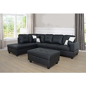 OPTOUGH Sectional Sofa-3 Piece L-Shape Living Room Furniture Faux Leather Couch w/Left Chaise Lounge,Storage Ottoman and Pillows Black