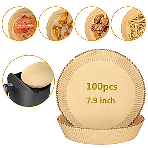 Air Fryer Liners, Air Fryer Disposable Paper Liner, Large Size 100PCS 7.9-inch, Non-stick Round Baking Paper, Oil-proof Water-proof, Food Grade Parchment for Baking