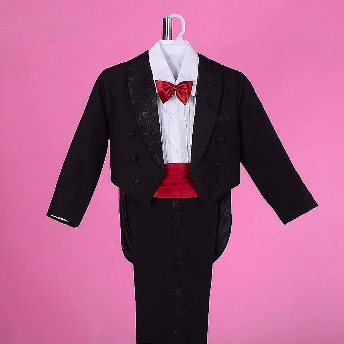 Dressy Daisy Baby Boy Tuxedo Black Suit 5 Pieces Set Formal Wear Wedding Outfit Size 18-24 Months, with Red Cummerbund