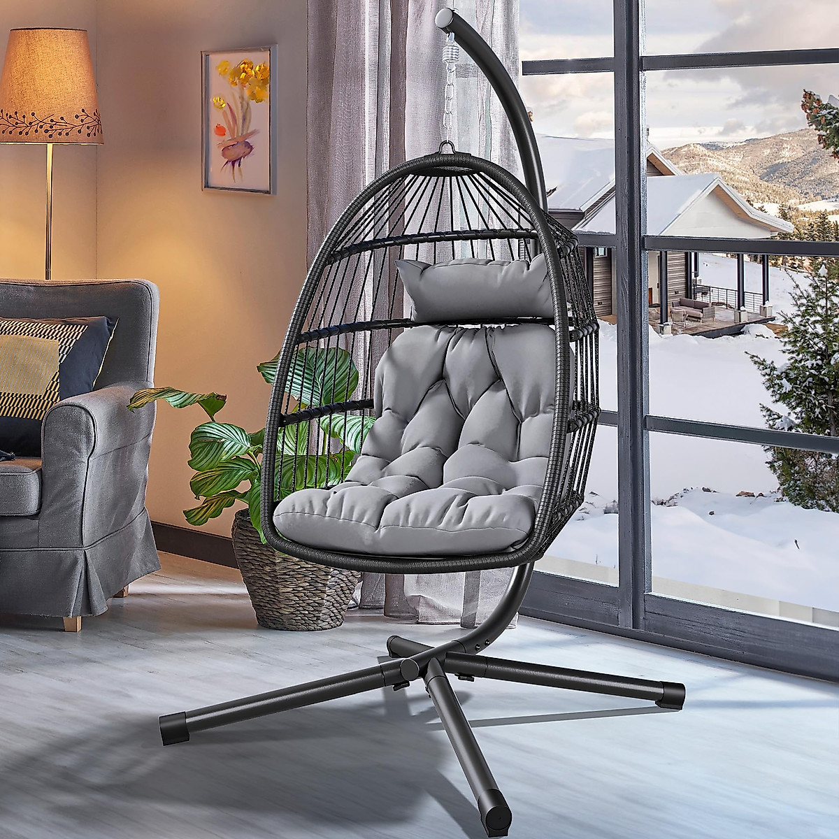 YITAHOME Hanging Egg Swing Chair with Stand Egg Chair Wicker Indoor Outdoor Hammock Egg Chair with Cushions 330lbs for Patio, Bedroom, Garden and Balcony, Dark Gray(Stand Included)