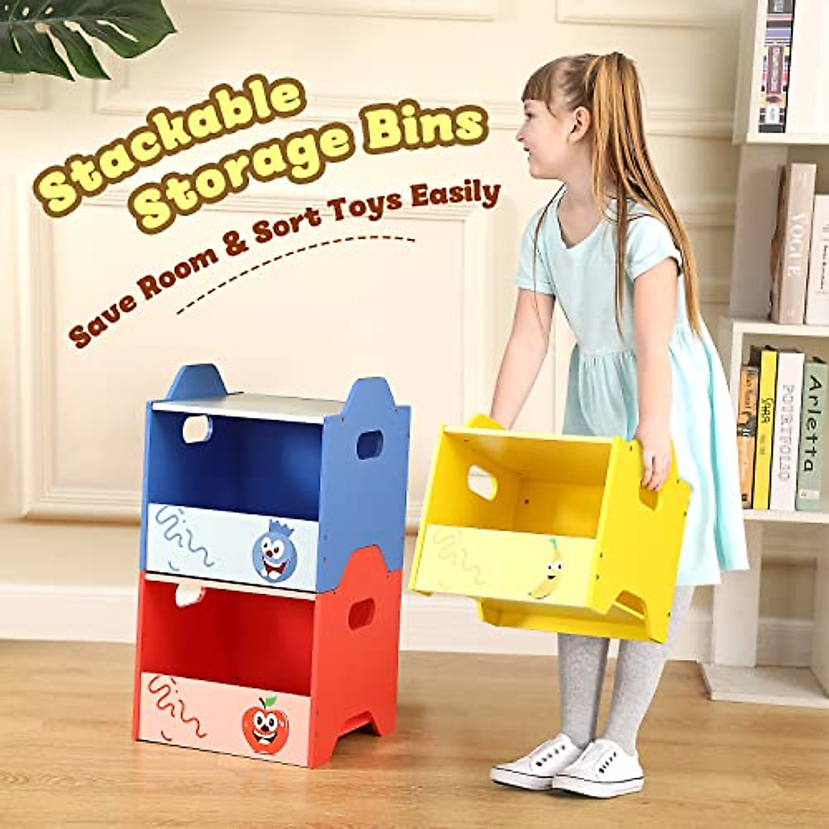 FUNLIO Stackable Wooden Toy Box with Lid (3pcs), 2-in-1 Toy Chest & Stool, Colorful Fruit Design Toy Chest for Boys/Girls, Cute Small Toy Storage Bins for Living Room/Bedroom, Easy to Carry & Assemble