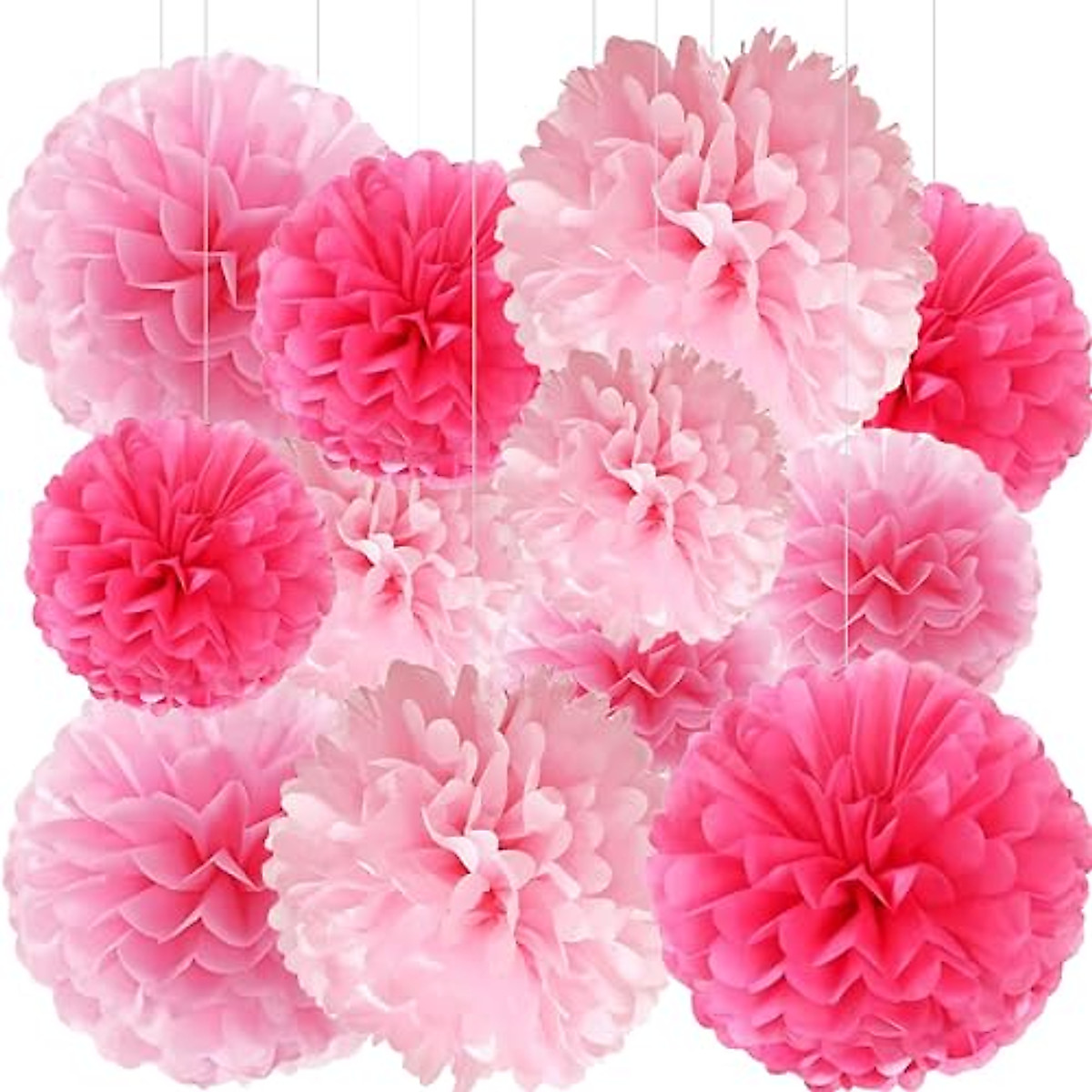 Hot Pink Tissue Paper Pom Poms Paper Flower Ball 12Pcs for Wedding ,Bachelorette, Baby Shower, Bridal Shower and Pink Party Decorations(8 &10 & 12 inch)