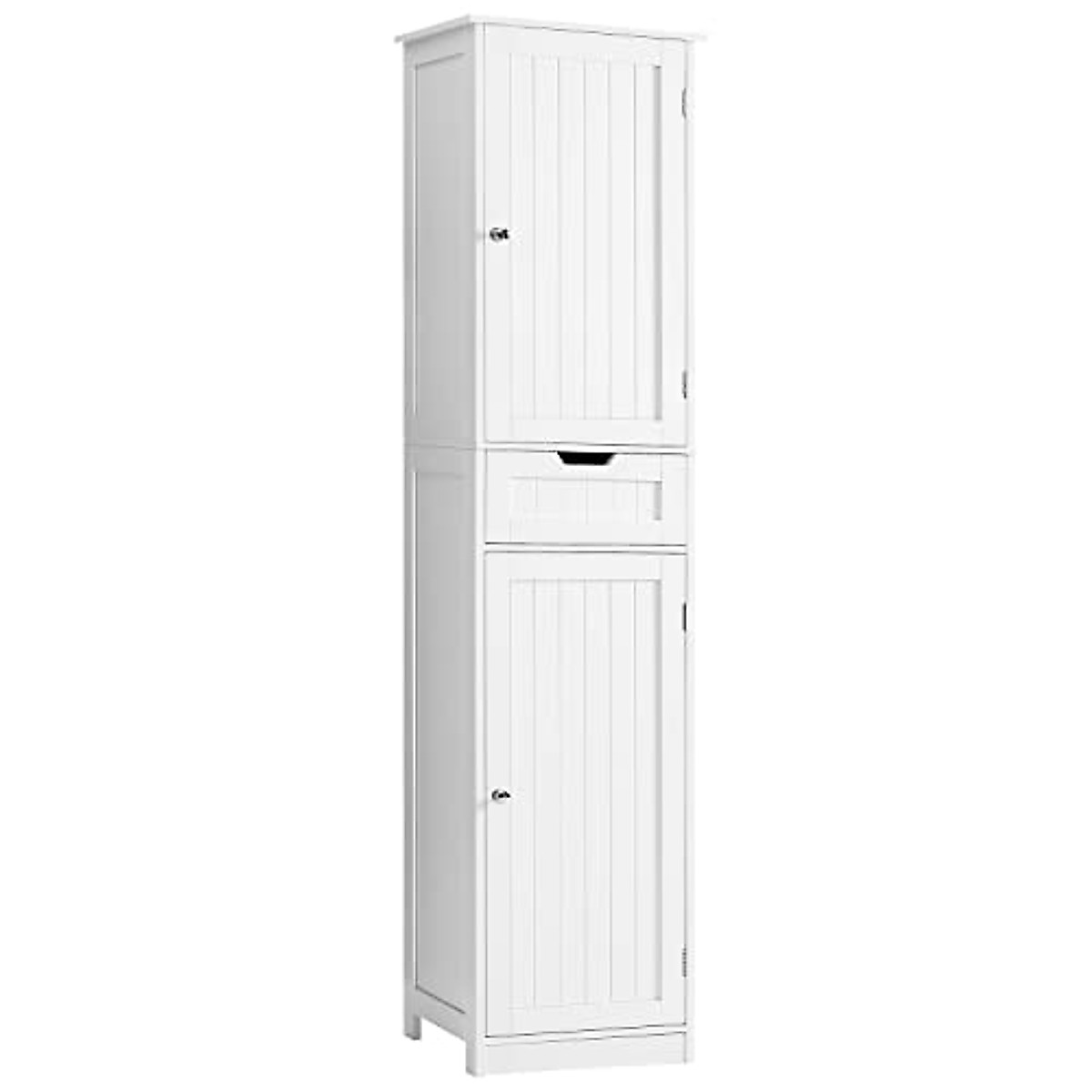 Iwell Tall Linen Tower Cabinet, Freestanding Bathroom Cabinet with 2 Doors 6 Tier Shelves & Drawer, Narrow Floor Storage Cabinet for Living Room, White