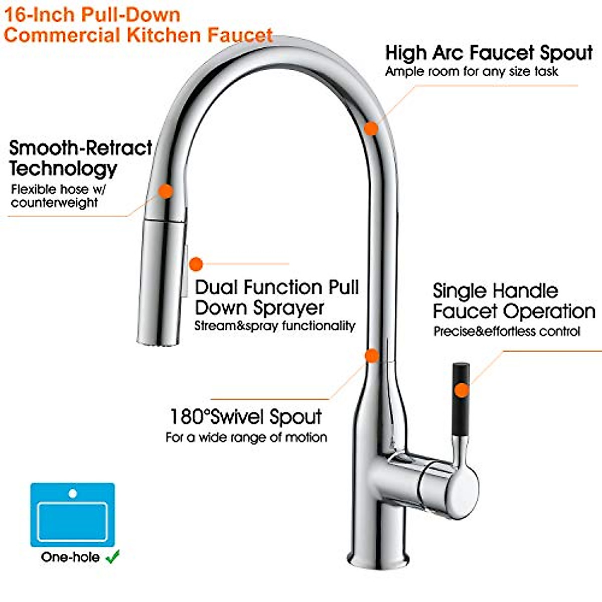 Leekayer Pull Out Kitchen Faucet with Sprayer Chrome Finish Kitchen Mixer Tap Single Lever One Hole Mount 2 Water Flow Type