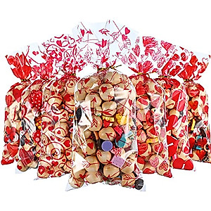 Blulu 180 Pieces Valentines Treat Favor Bags Cellophane Plastic Clear Candy Goodie Gift Bags with 200 Pieces Gold and Red Twist Ties for Valentine's Day Party Decorations, 6 Assorted Styles