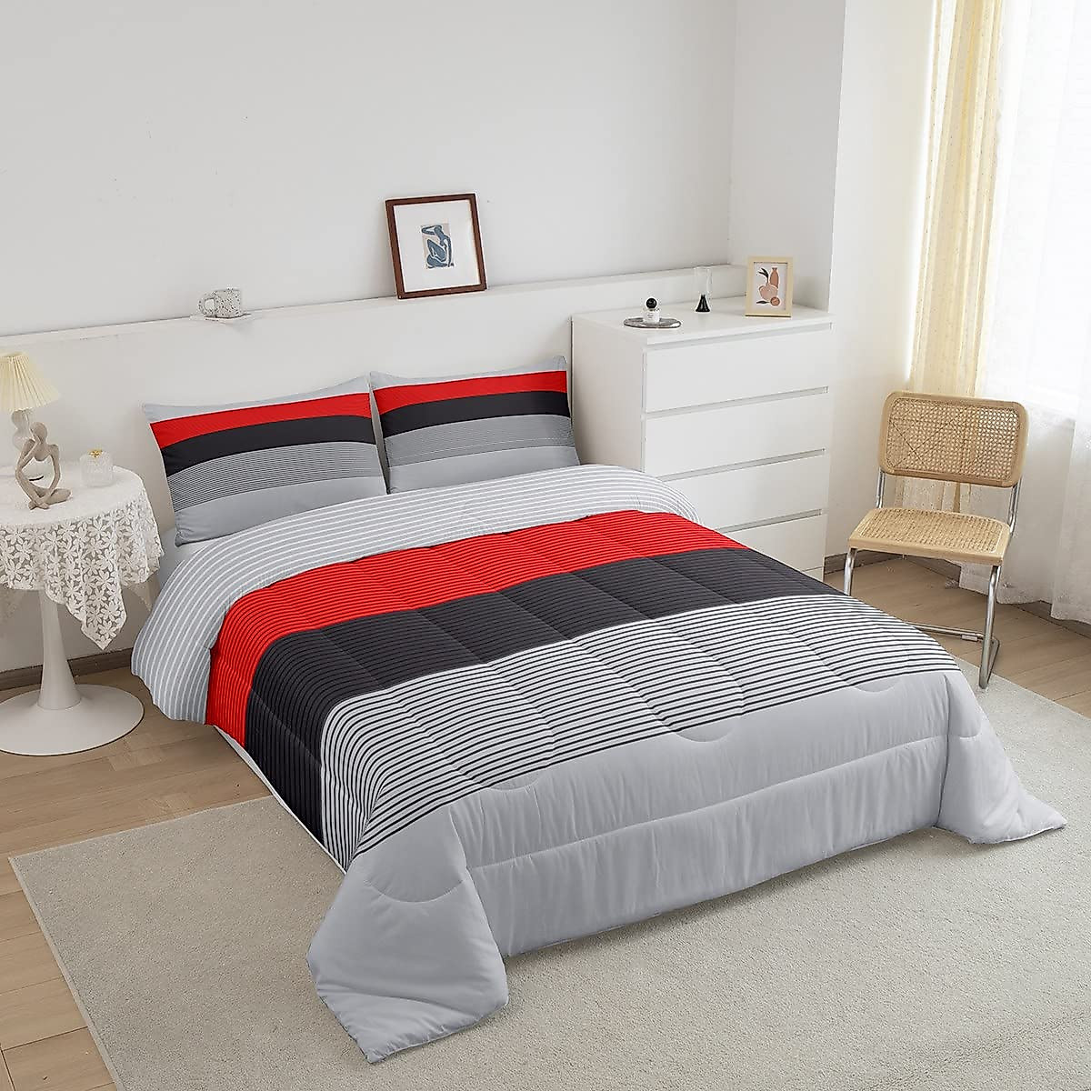 Erosebridal Stripes Duvet Insert for Women, Gray and Black Red Patchwork Striped Bedding Set, Modern Abstract Art Comforter Set Ombre Bright Gray Stripes Quilt Farmhouse Decorations, Queen Size