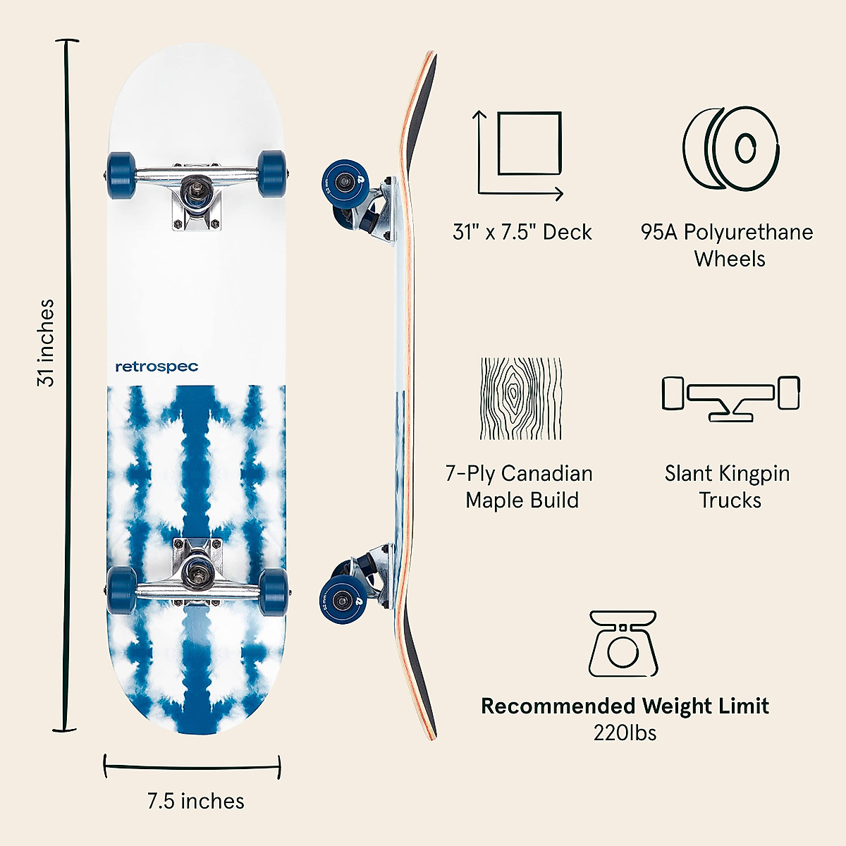 Retrospec Alameda Skateboard Complete with Abec-7 Bearings & Canadian Maple Deck, Blue Halftone