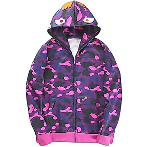 EUDOLAH Camo Hoodie Shark Print Trendy Cotton Casual Loose Zip Up Hoodie Mens Long Sleeve Jacket(2XL,1-Purple Camo)
