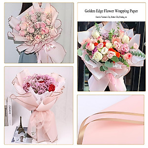 Gloreyan 20 Sheets Gold Edge Flower Wrapping Paper, Pink Florist Bouquet DIY Craft Fresh Flower Bouquet Wrap Waterproof Floral Wrapping Gift Box Packaging Material Florist Supplies, 22.8*22.8