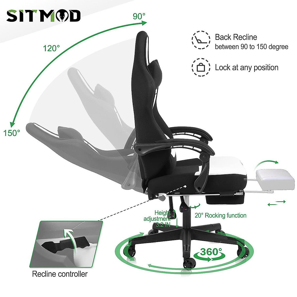 Gaming Chair,Big and Tall Gaming Chair with Footrest,Ergonomic Computer Chair,Fabric Office Chair with Lumbar Support,360 Degree Swivel and Height Adjustment,Video Gaming Chair for Adults-White