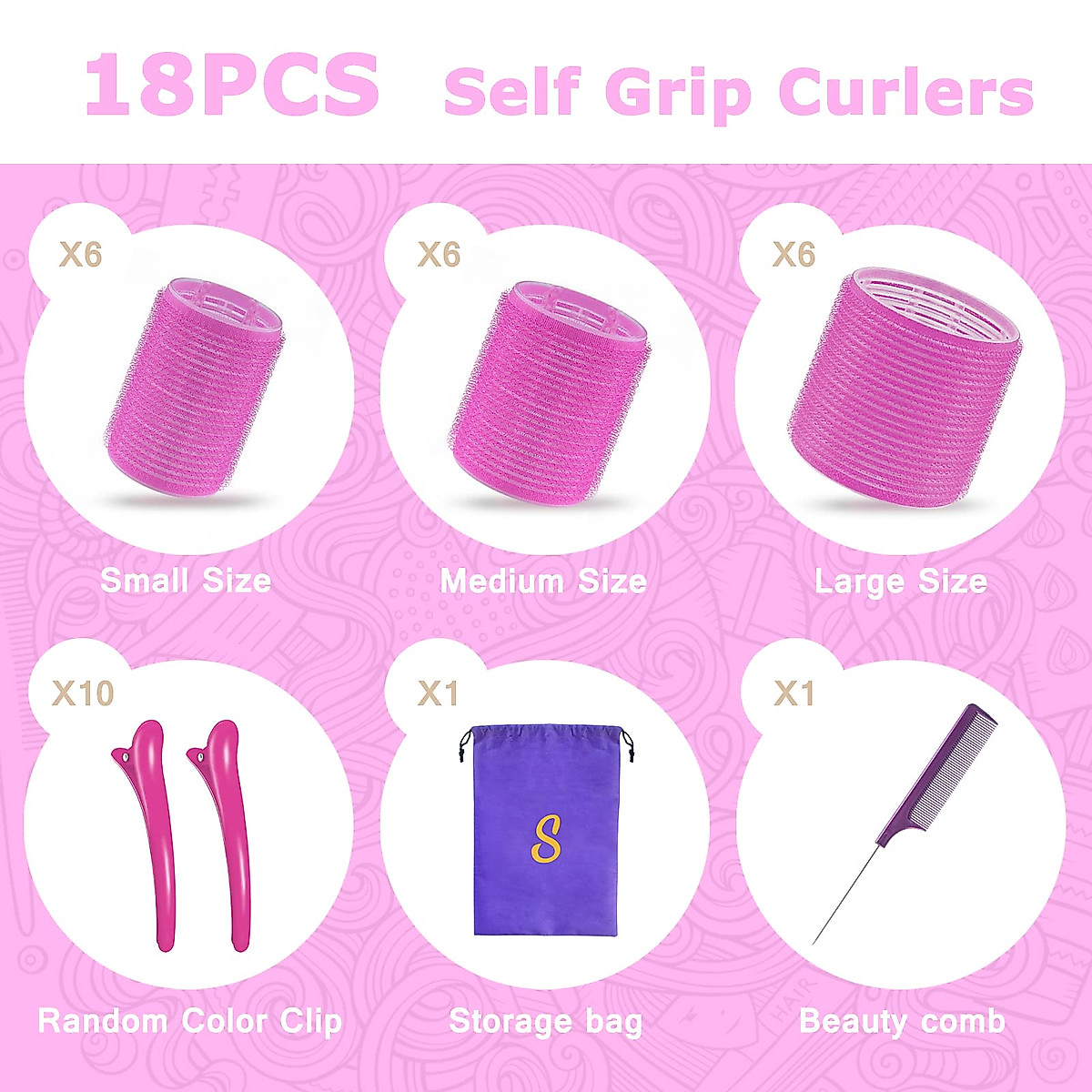 Self grip hair roller set,18 pcs,Hair rollers with hair roller clips and comb,Salon hairdressing curlers,DIY Hair Styles, Sungenol 3 Sizes Rose red Hair Rollers in 1 set